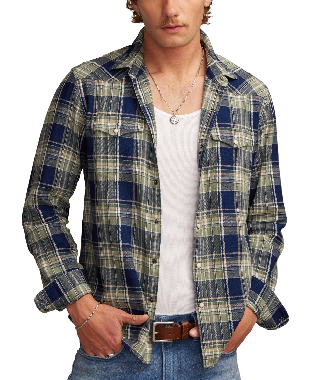 Click here for Lucky Brand Mens Indigo Plaid Western Long Sleeve... prices