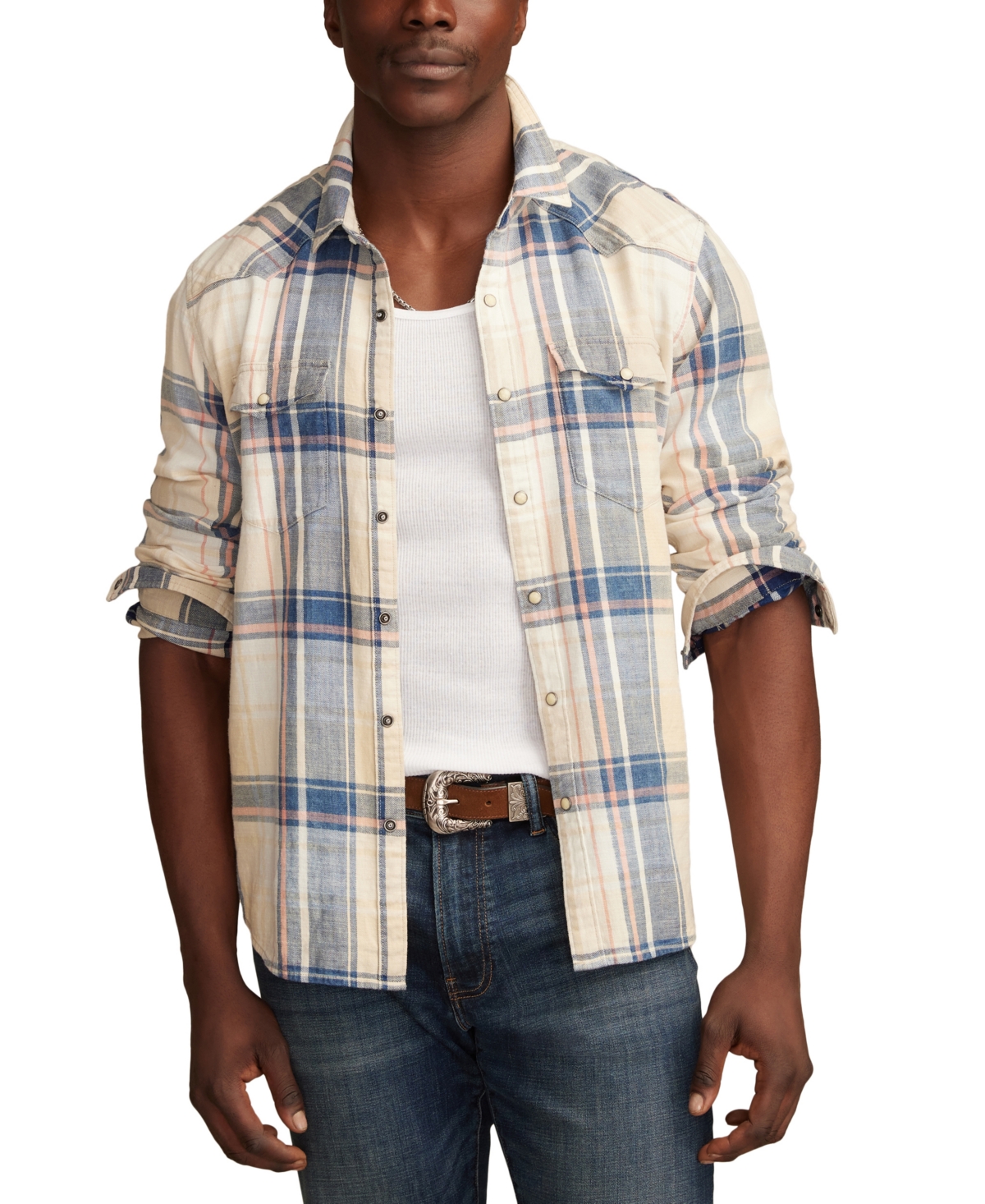Click here for Lucky Brand Mens Indigo Plaid Western Long Sleeve... prices