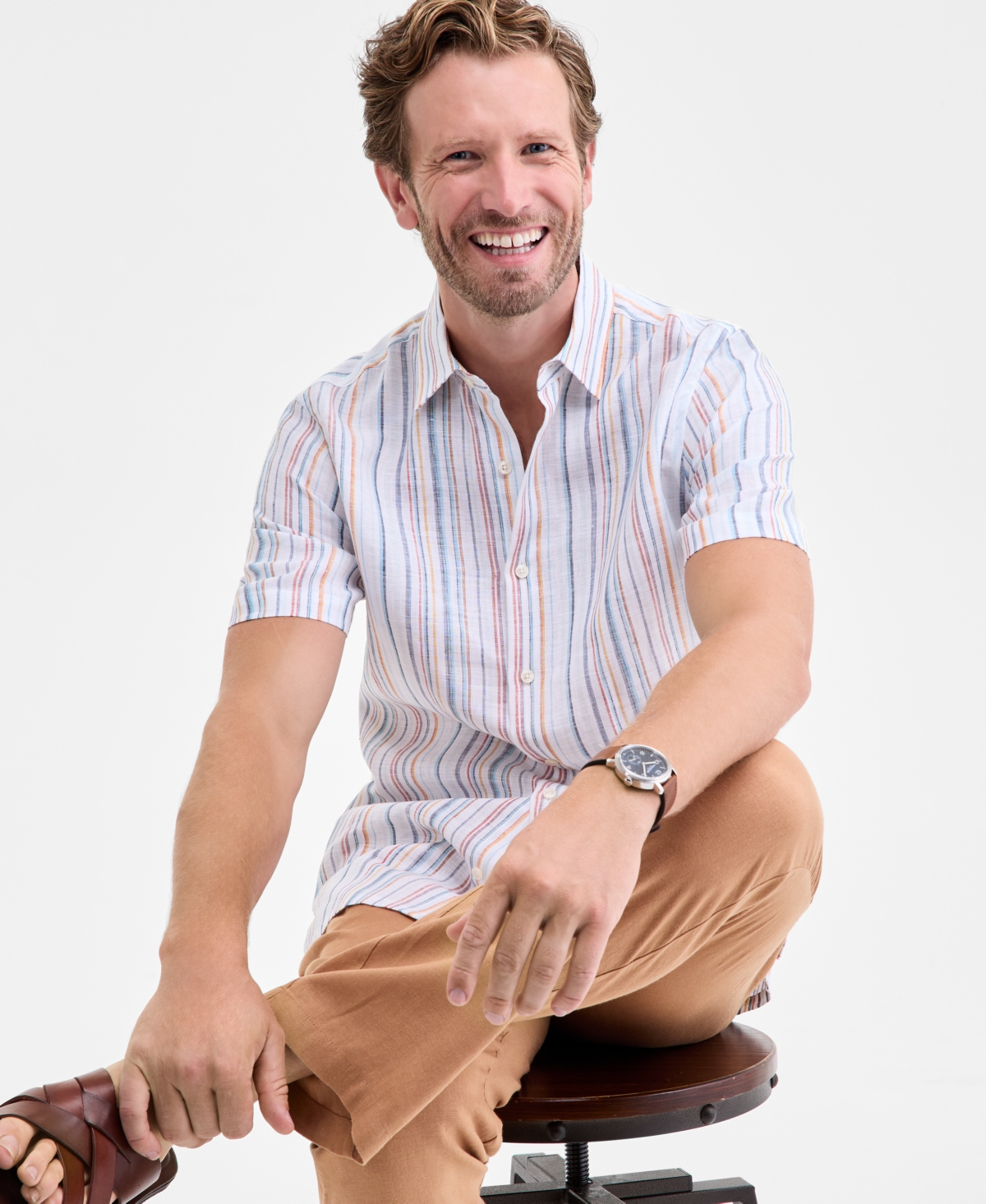 Click here for Club Room Mens Short-Sleeve Macro Striped Linen Sh... prices
