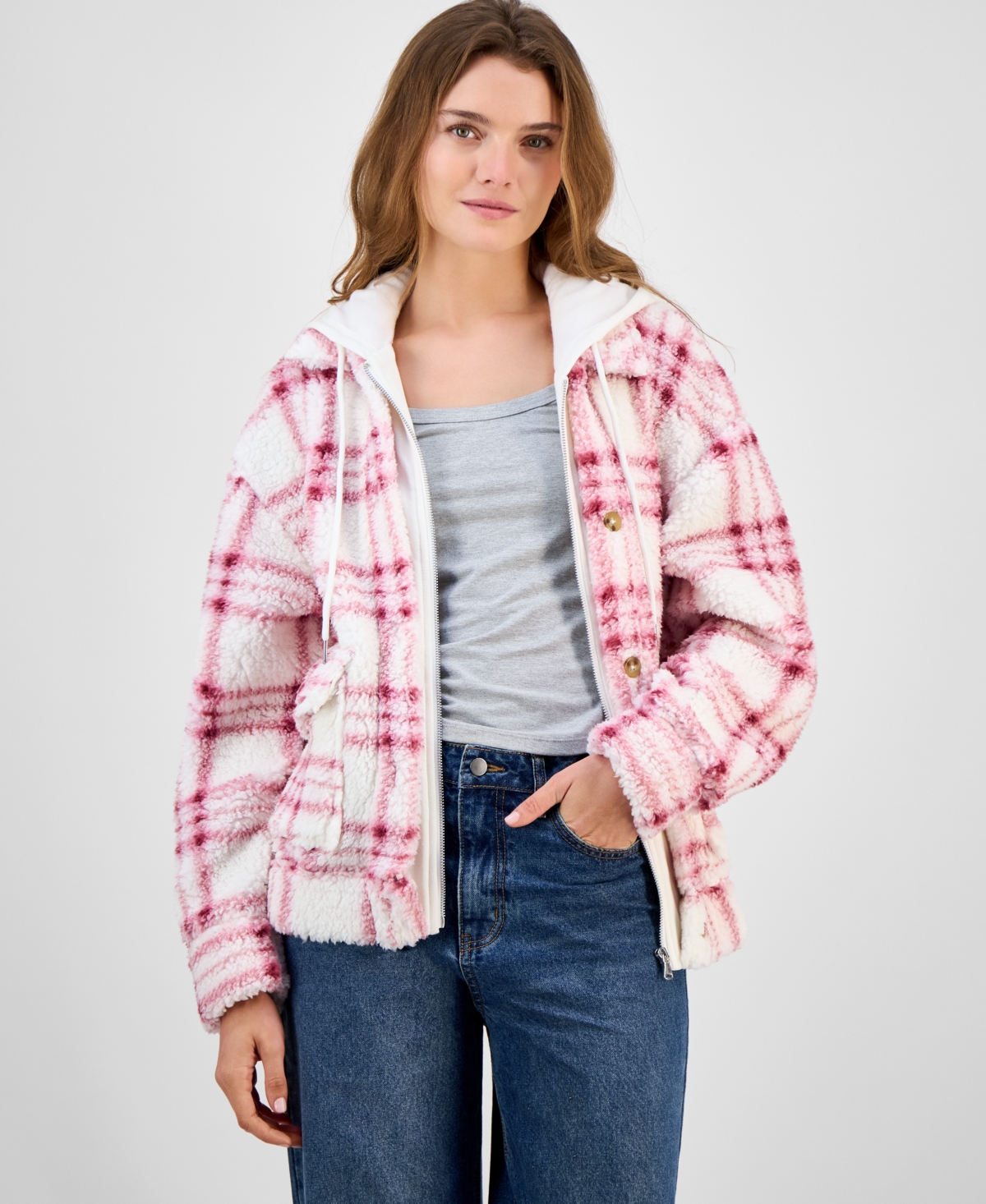 Click here for Madden Girl Juniors Plaid Long-Sleeve Sherpa Jacke... prices