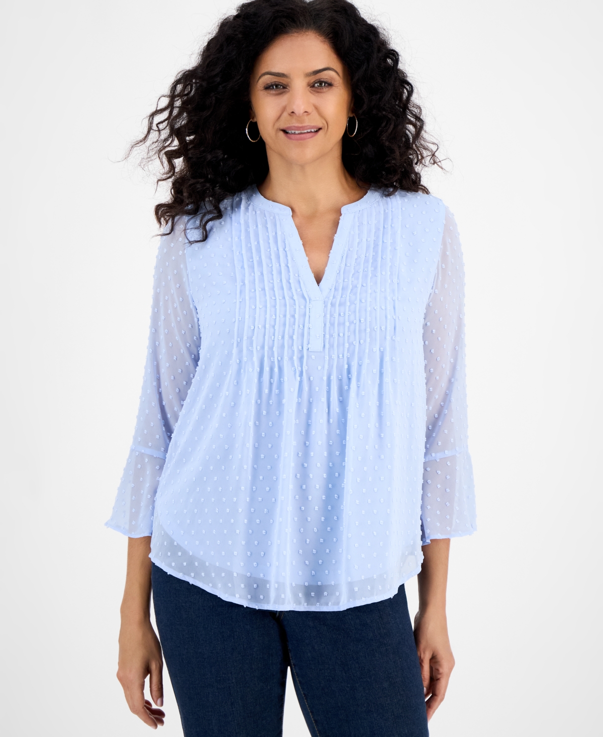 Click here for Style & Co Womens Textured Pintuck Ruffle Sleeve T... prices