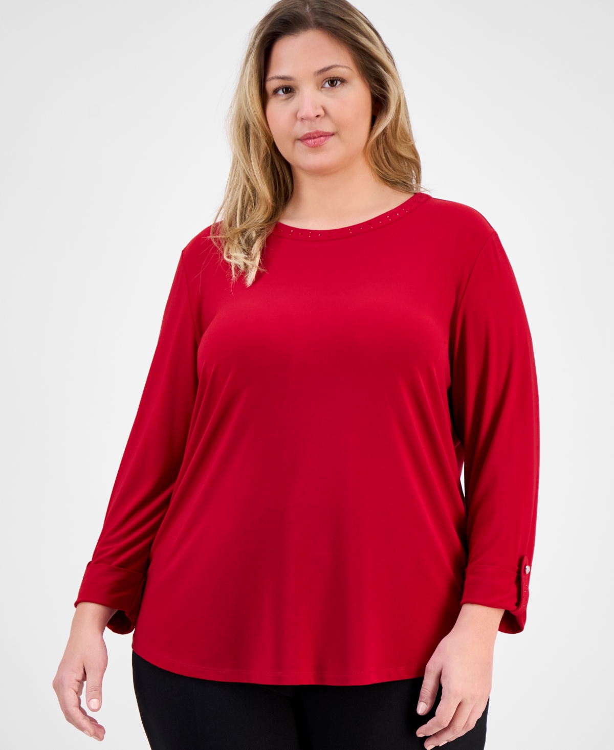 Click here for Ak Anne Klein Plus Size 3/4-Sleeve Roll-Tab Crewne... prices