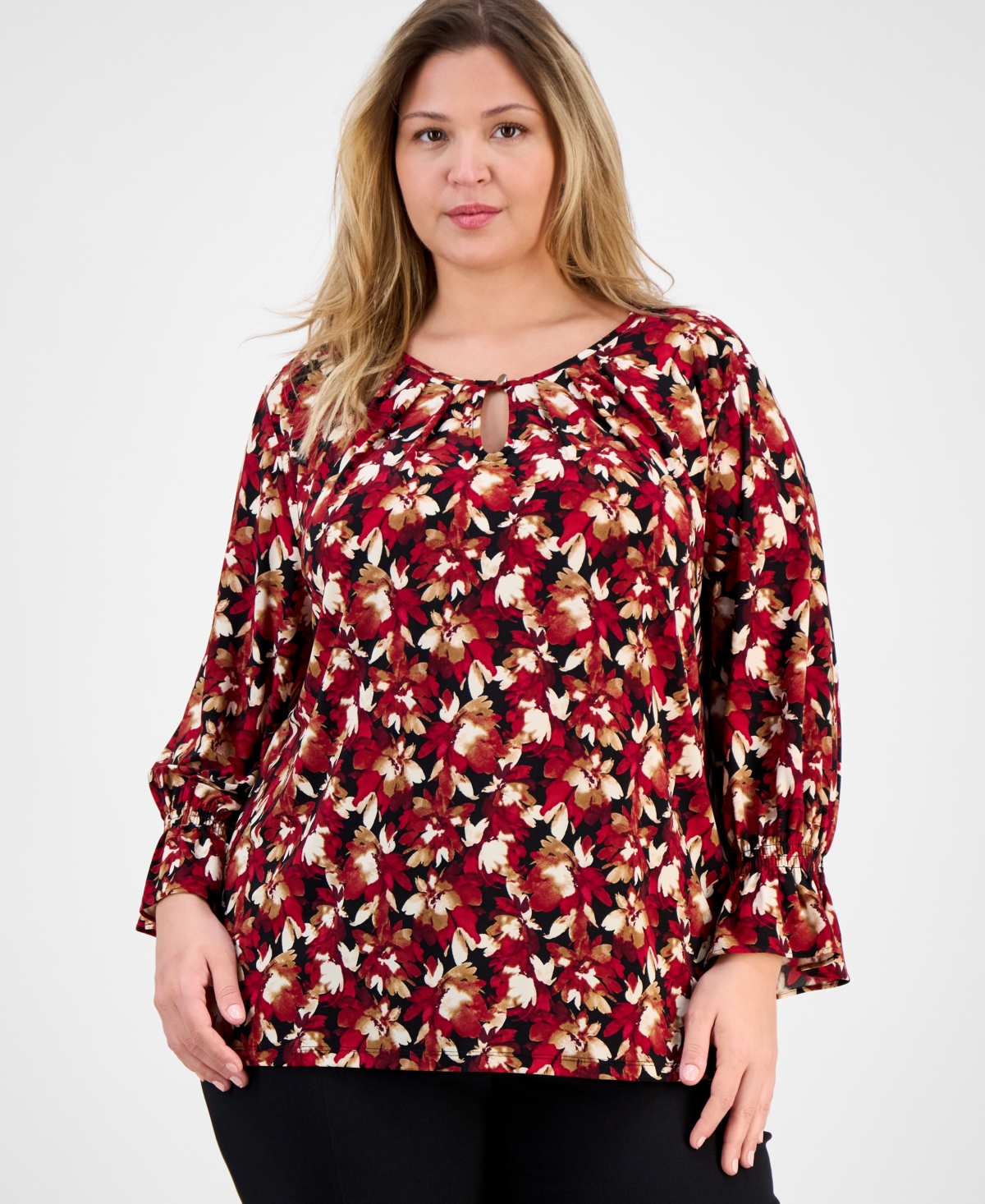 Click here for Ak Anne Klein Plus Size Printed Long-Sleeve Keyhol... prices
