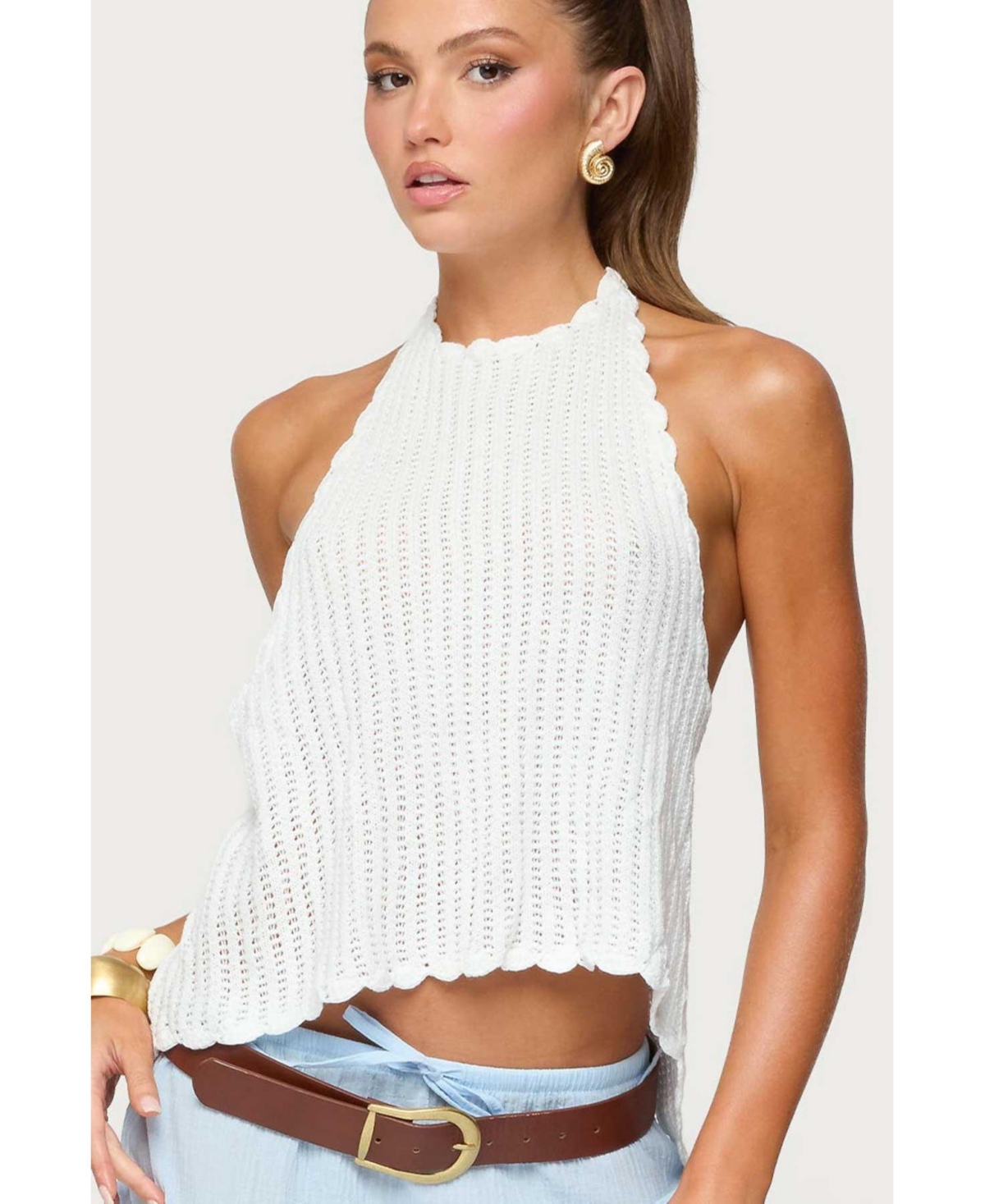 Click here for Edikted Womens Ivey Backless Crochet Halter Top -... prices