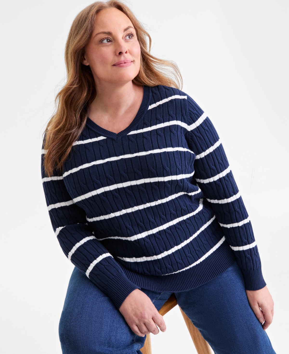 Click here for Style & Co Plus Size Cotton Cable-Knit V-Neck Stri... prices