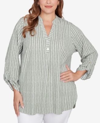 Ruby Rd. Plus Size Crinkle Knit Striped Henley Top - Macy's