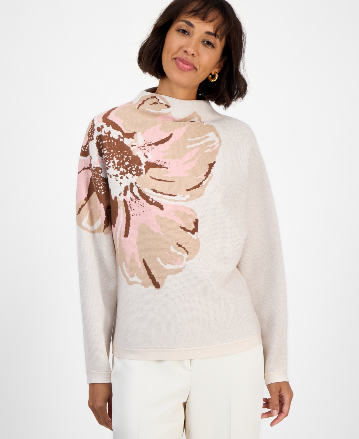 Click here for T Tahari Womens Floral Funnel-Neck Long-Sleeve Swe... prices