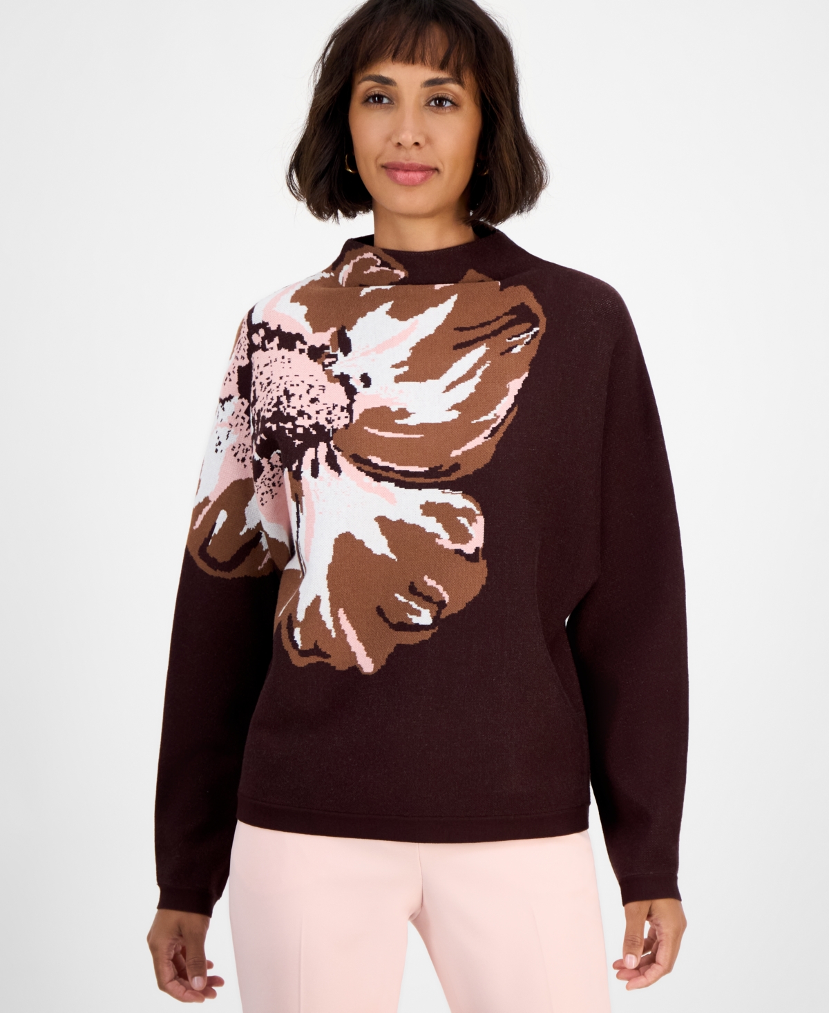 Click here for T Tahari Womens Floral Funnel-Neck Long-Sleeve Swe... prices