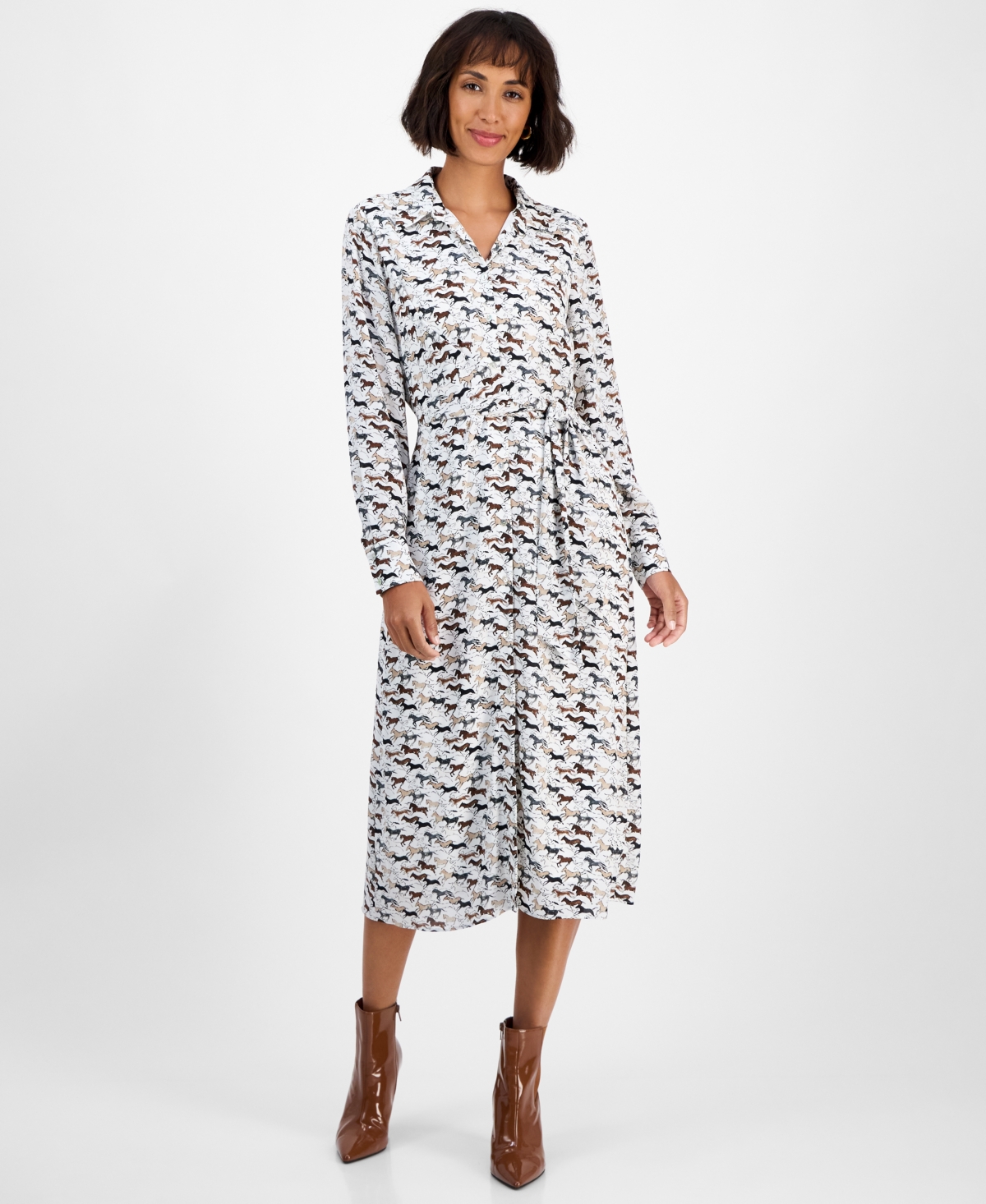Click here for T Tahari Womens Horse-Print Button-Front Long-Slee... prices