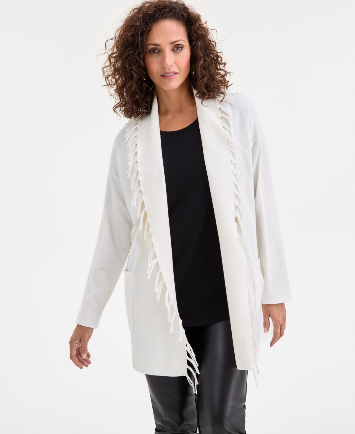 Click here for Jm Collection Womens Fringe Shawl-Collar Open-Fron... prices