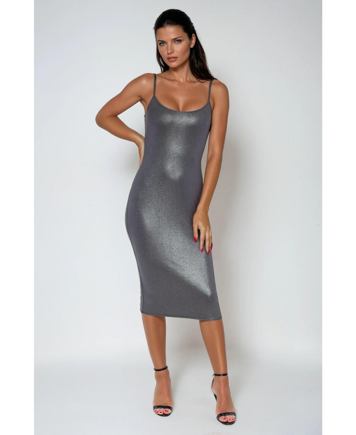 Click here for Bebe Womens Foil Rib Midi Dress - Black prices