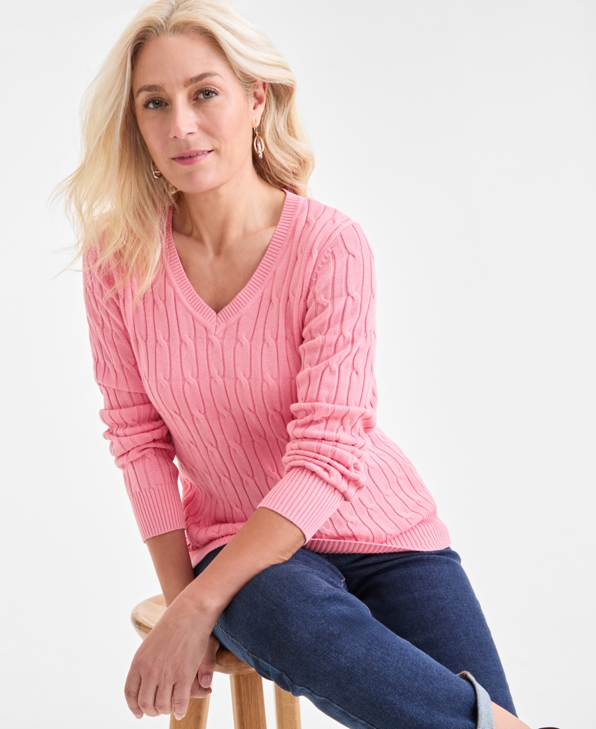 Click here for Style & Co Womens Cotton Cable-Knit V-Neck Sweater... prices