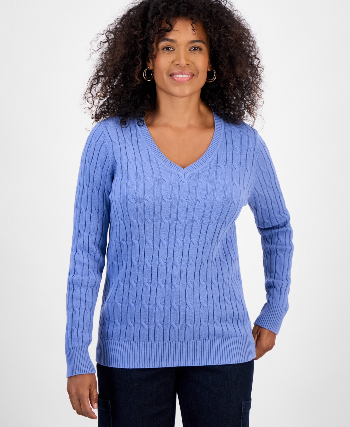Click here for Style & Co Womens Cotton Cable-Knit V-Neck Sweater... prices