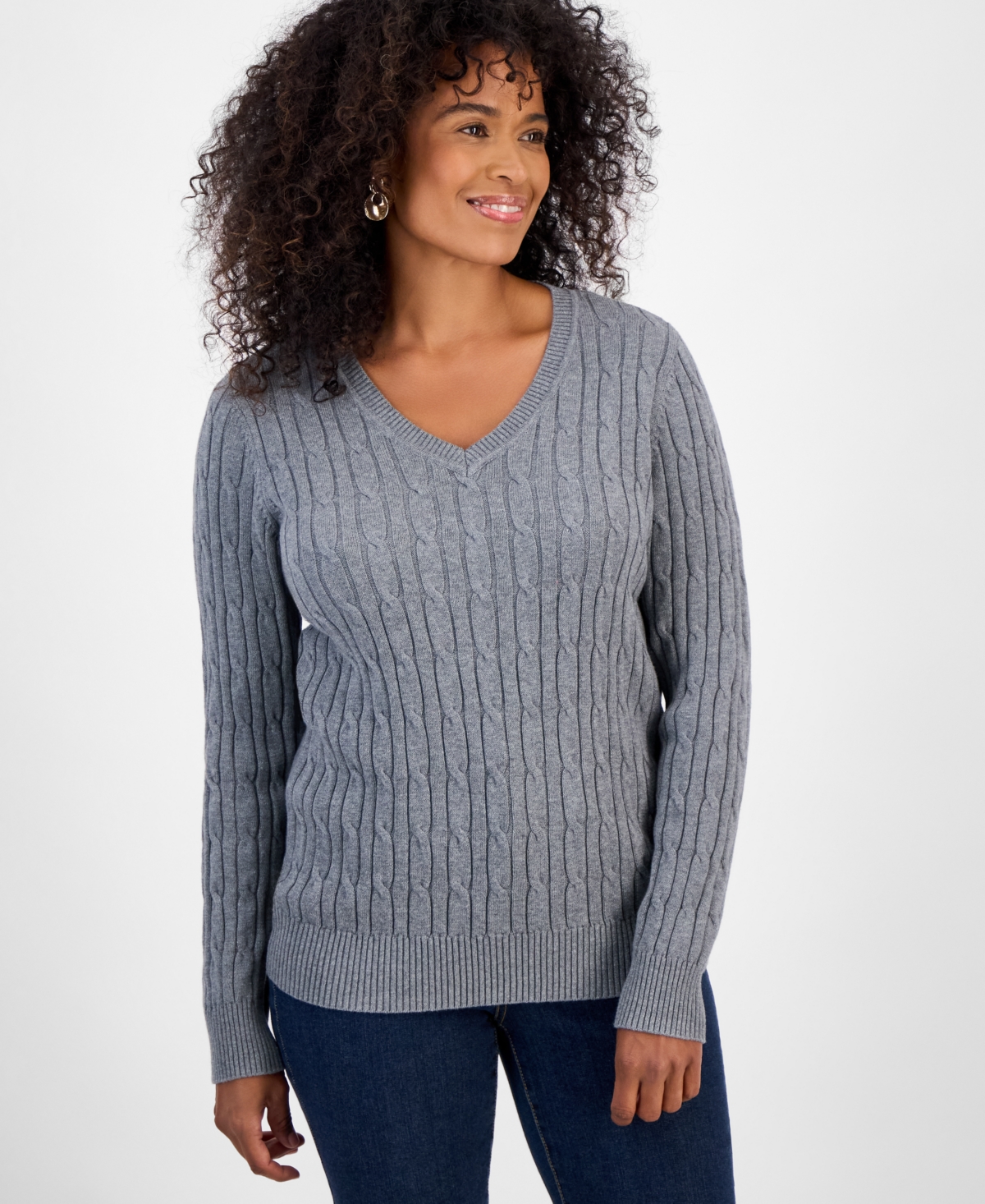 Click here for Style & Co Womens Cotton Cable-Knit V-Neck Sweater... prices
