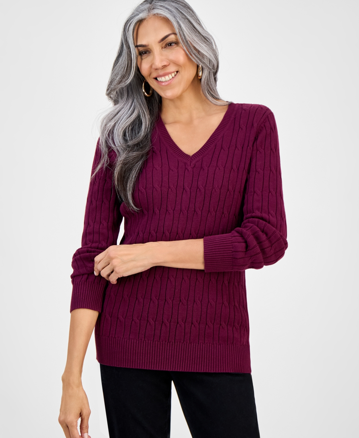 Click here for Style & Co Womens Cotton Cable-Knit V-Neck Sweater... prices