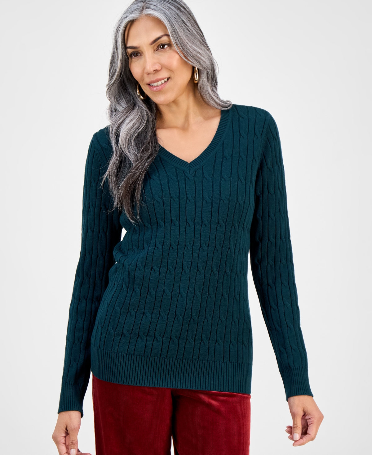 Click here for Style & Co Womens Cotton Cable-Knit V-Neck Sweater... prices