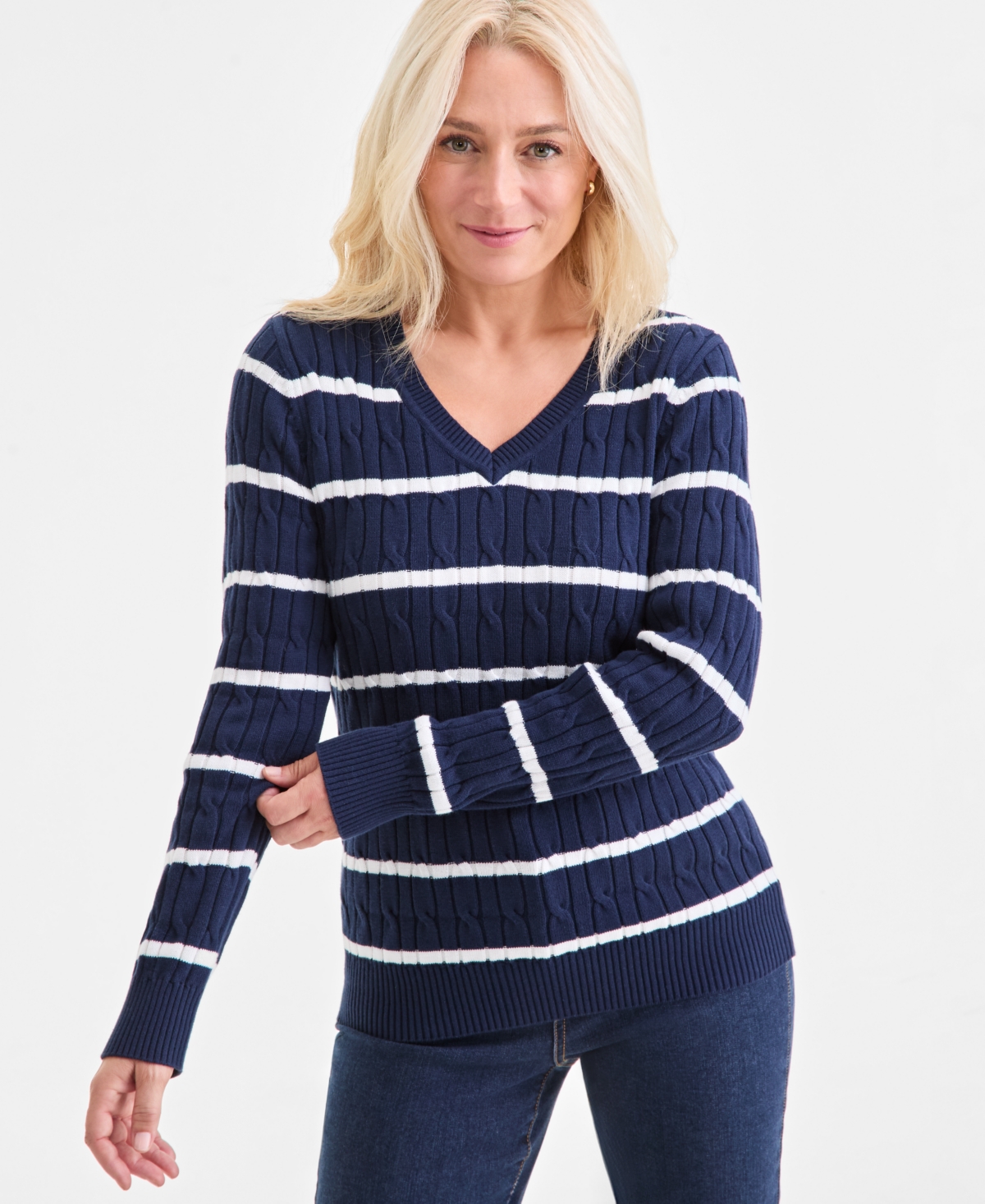 Click here for Style & Co Womens Cotton Cable-Knit Striped Sweate... prices
