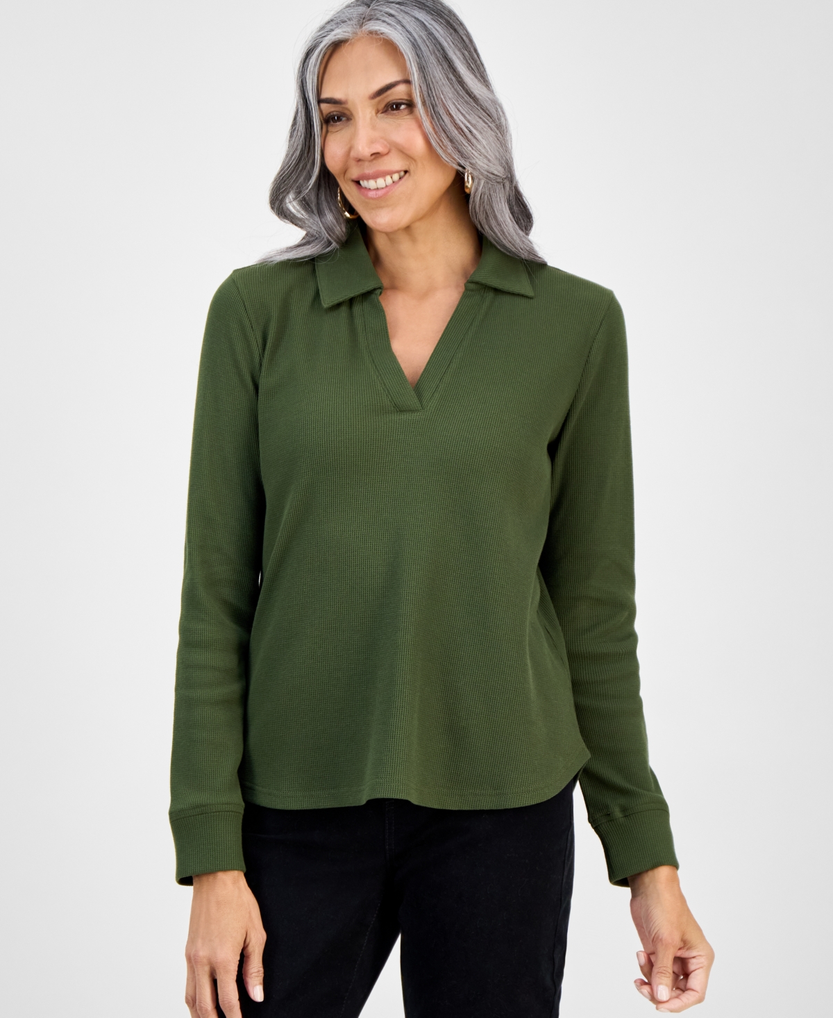 Click here for Style & Co Womens Waffle-Knit Long-Sleeve Polo Top... prices