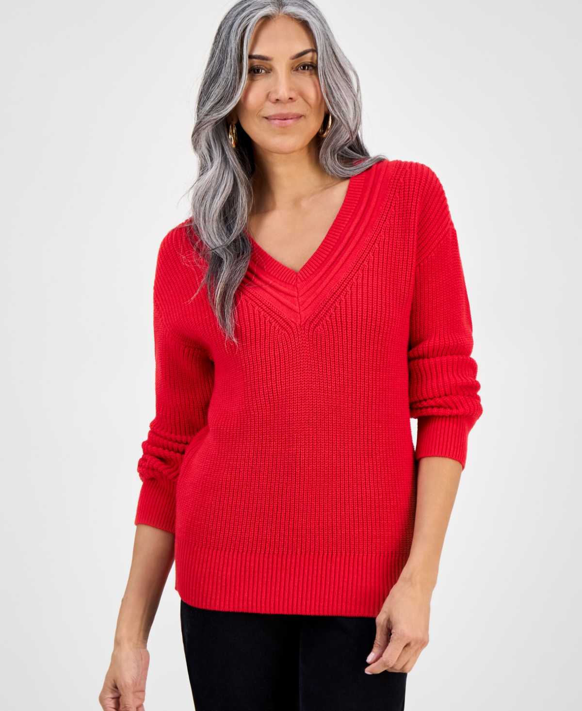 Click here for Style & Co Petite Textured Stitch V-Neck Sweater... prices