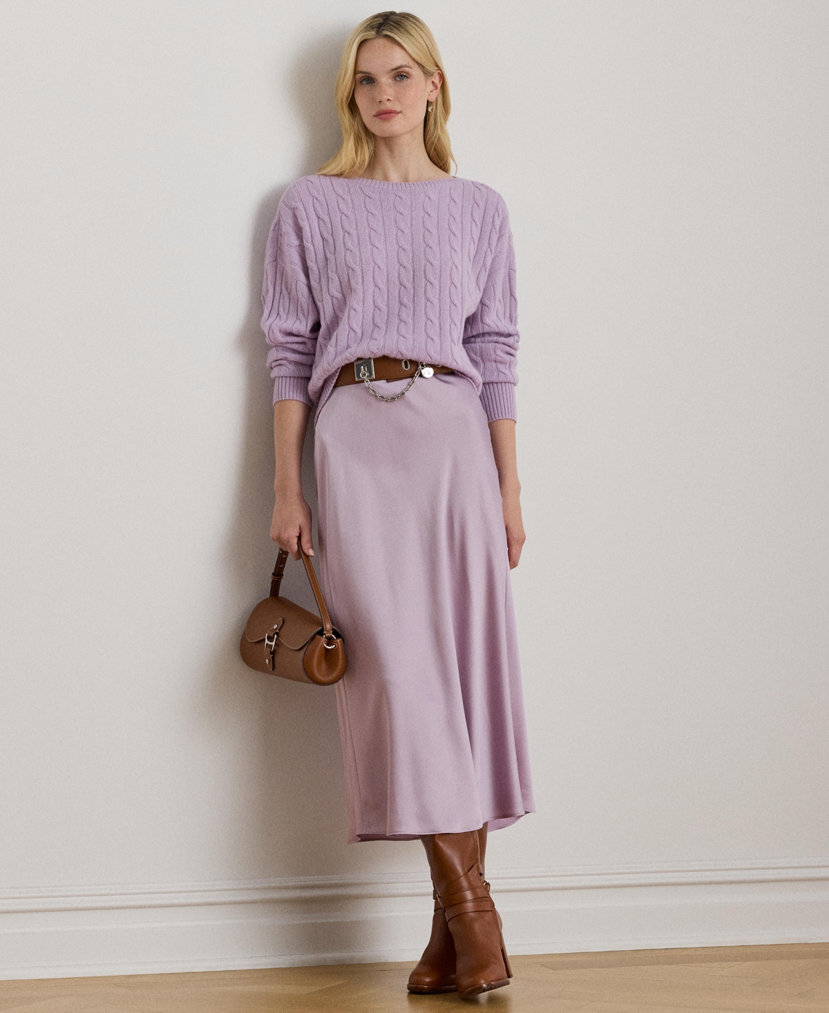 Lauren Ralph Lauren Womens Satin Charmeuse Midi Skirt - Lavender Frost