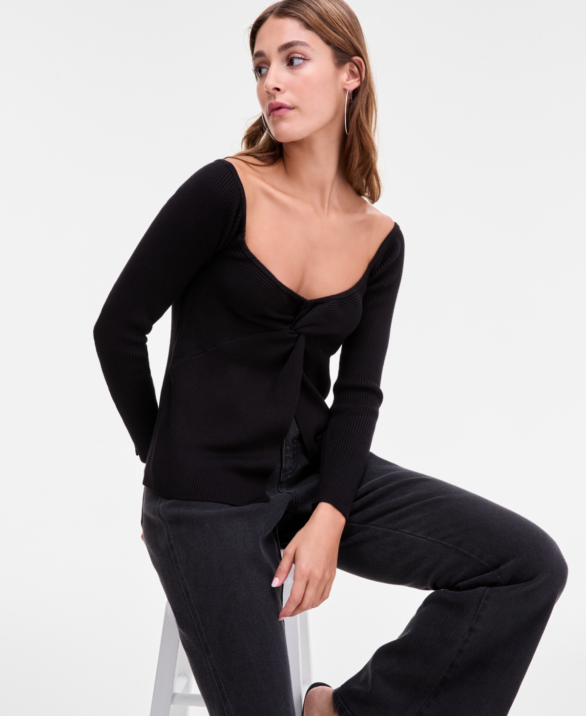 Click here for Bar Iii Womens Twist-Front Ribbed Knit Sweater  Ma... prices