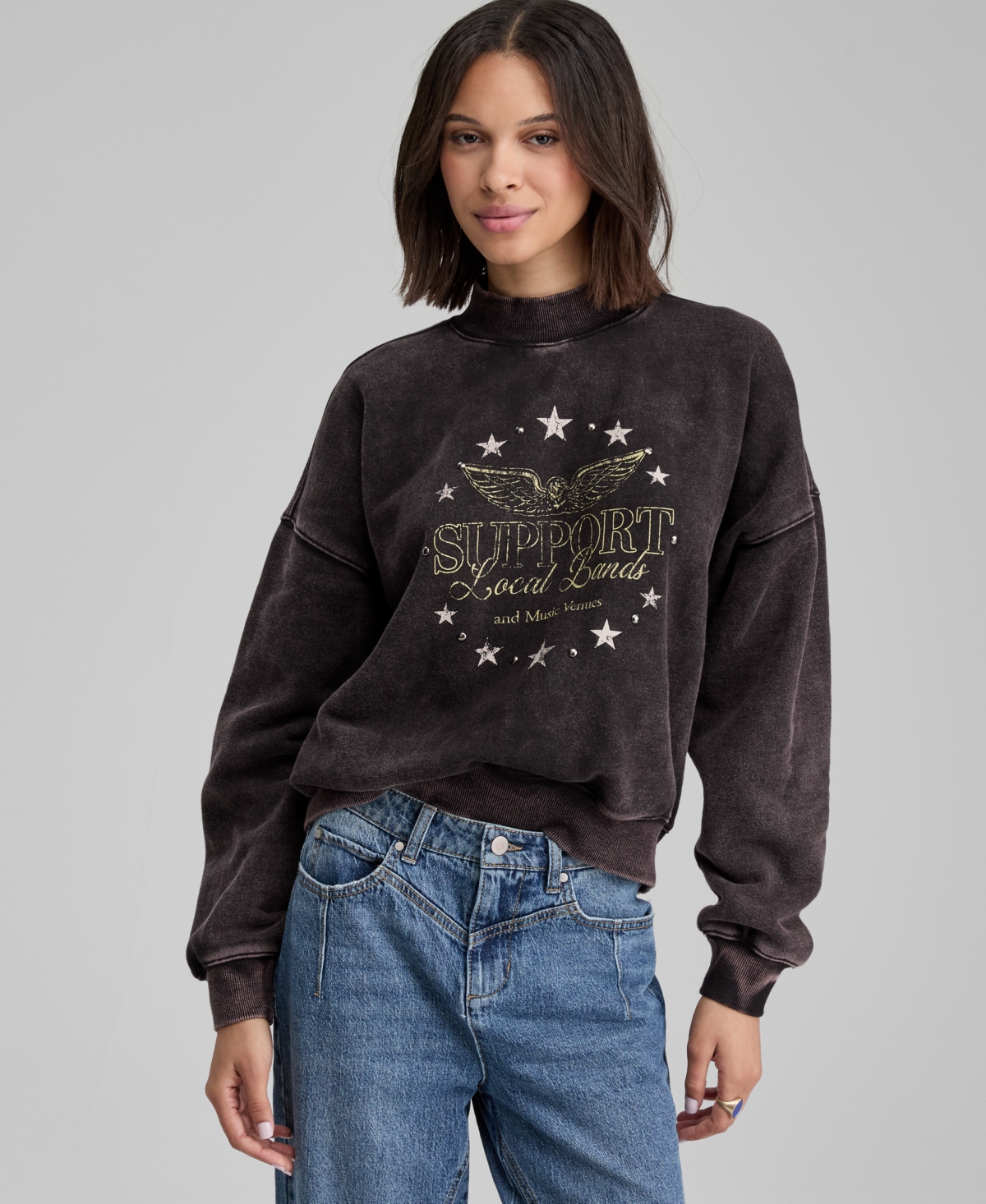 Click here for And Now This Womens Studded Mock Neck Graphic-Prin... prices