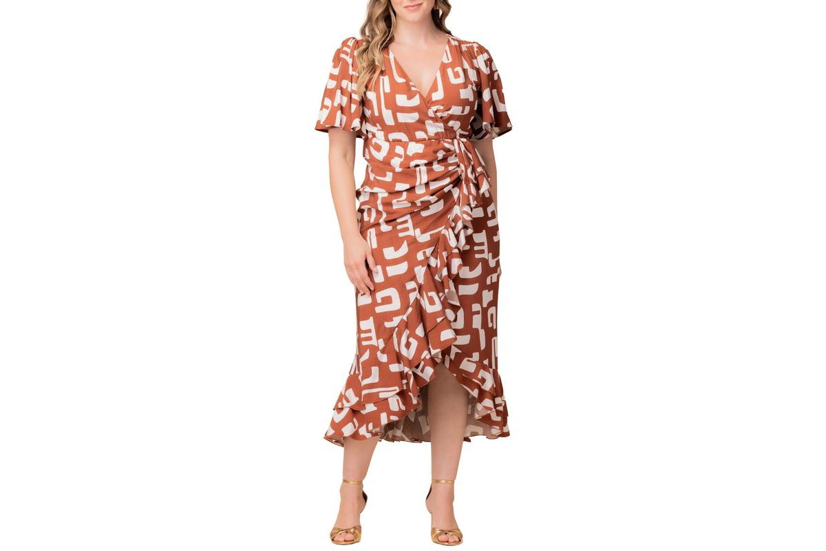 Click here for Kiyonna Plus Size Alexandra Ruffle Faux Wrap Gown... prices