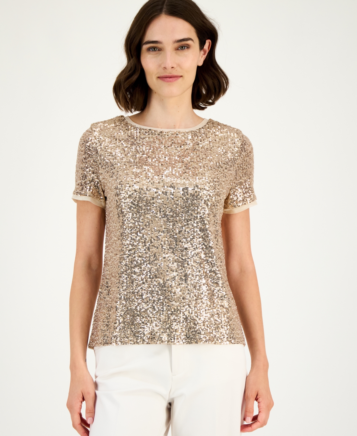 Click here for Anne Klein Womens Sequined T-Shirt - Luxe Champagn... prices