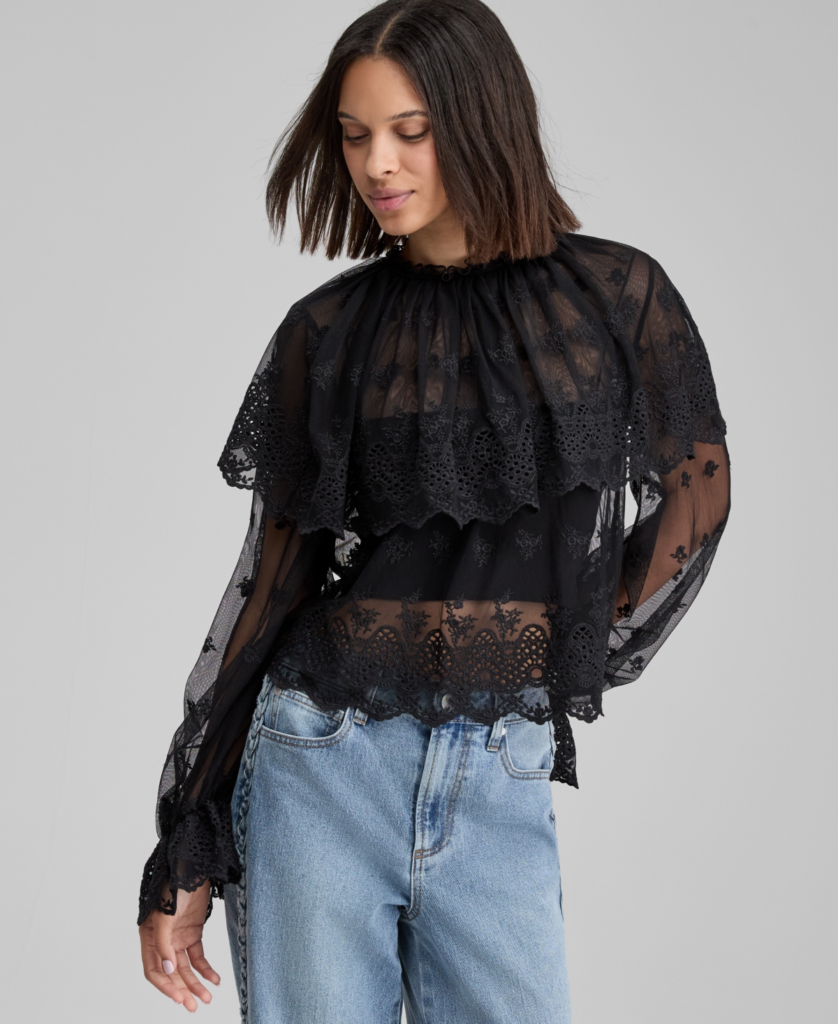 Click here for And Now This Womens Sheer Embroidered Capelet Blou... prices