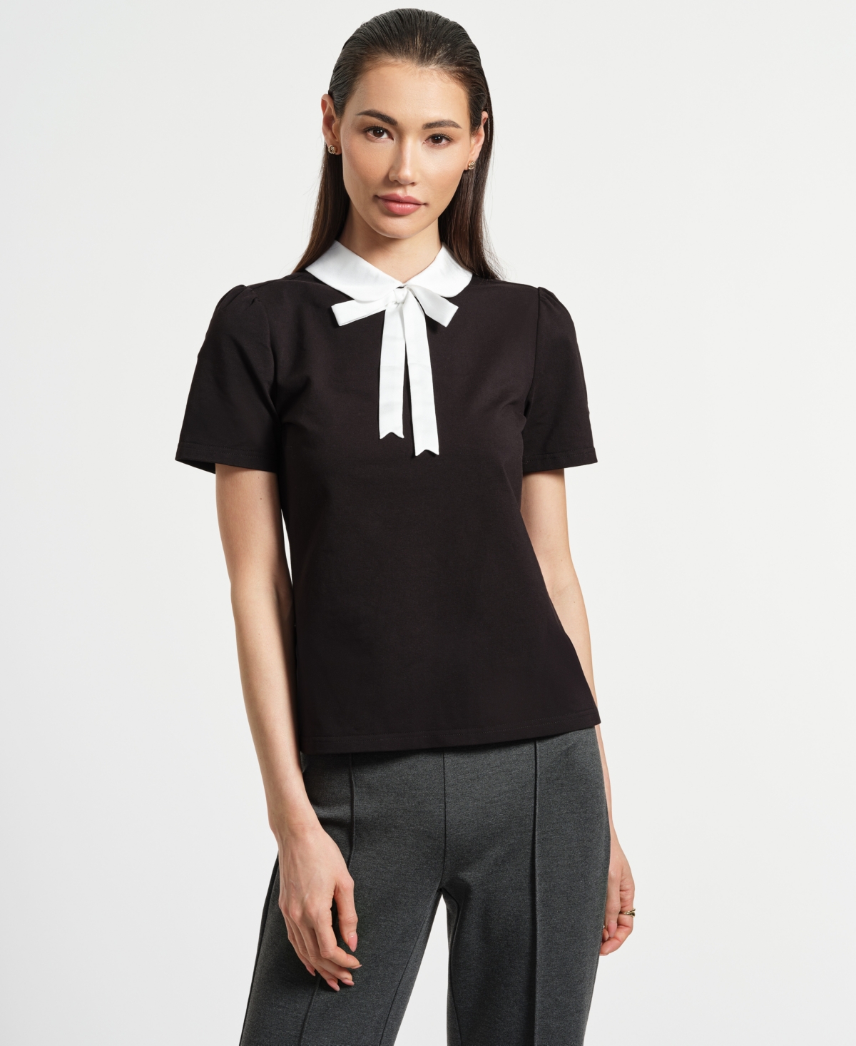 Click here for Isaac Mizrahi Womens Satin Bow Neck Peter Pan T-Sh... prices
