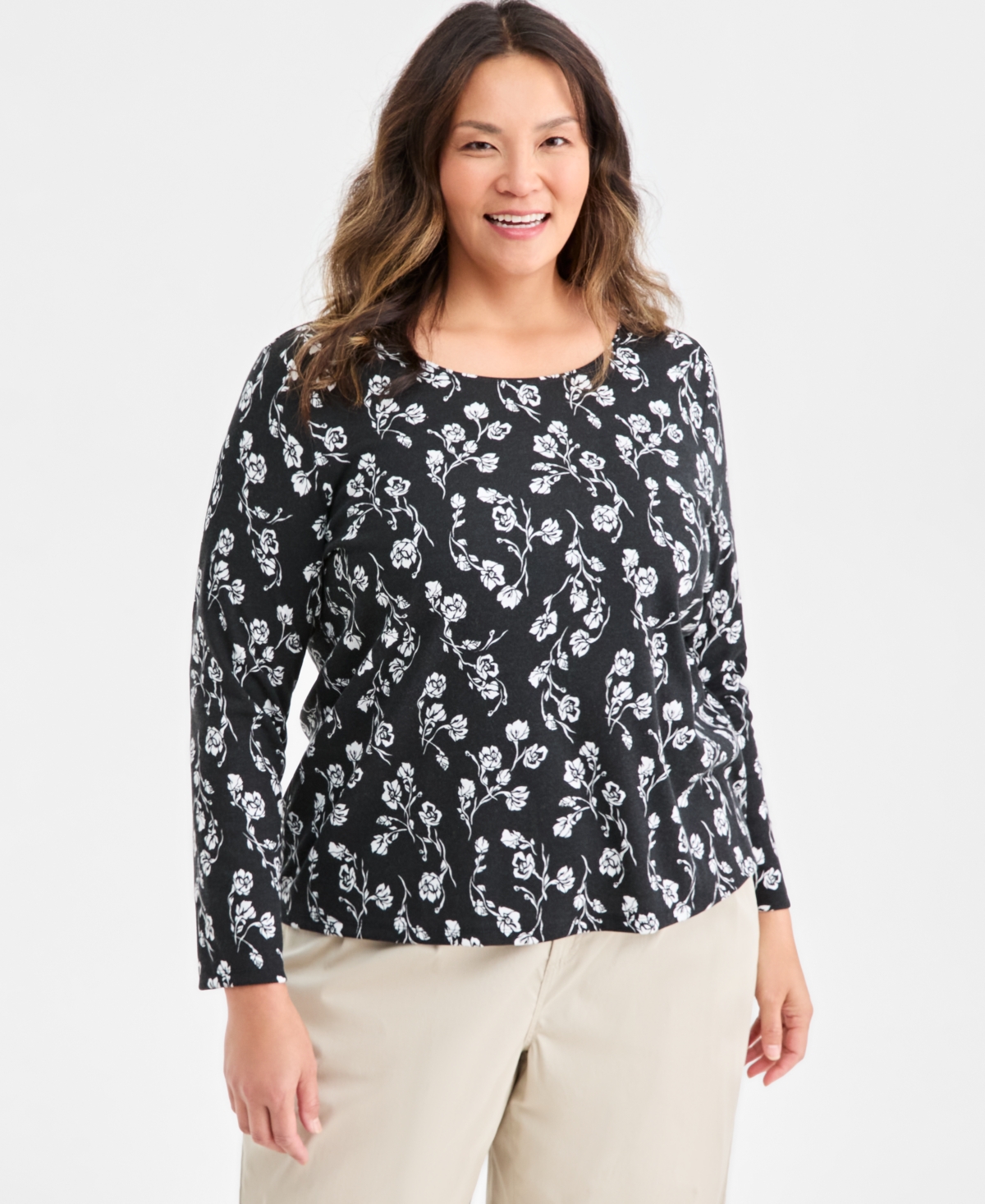 Click here for Style & Co Plus Size Scoop-Neck Long-Sleeve Knit T... prices