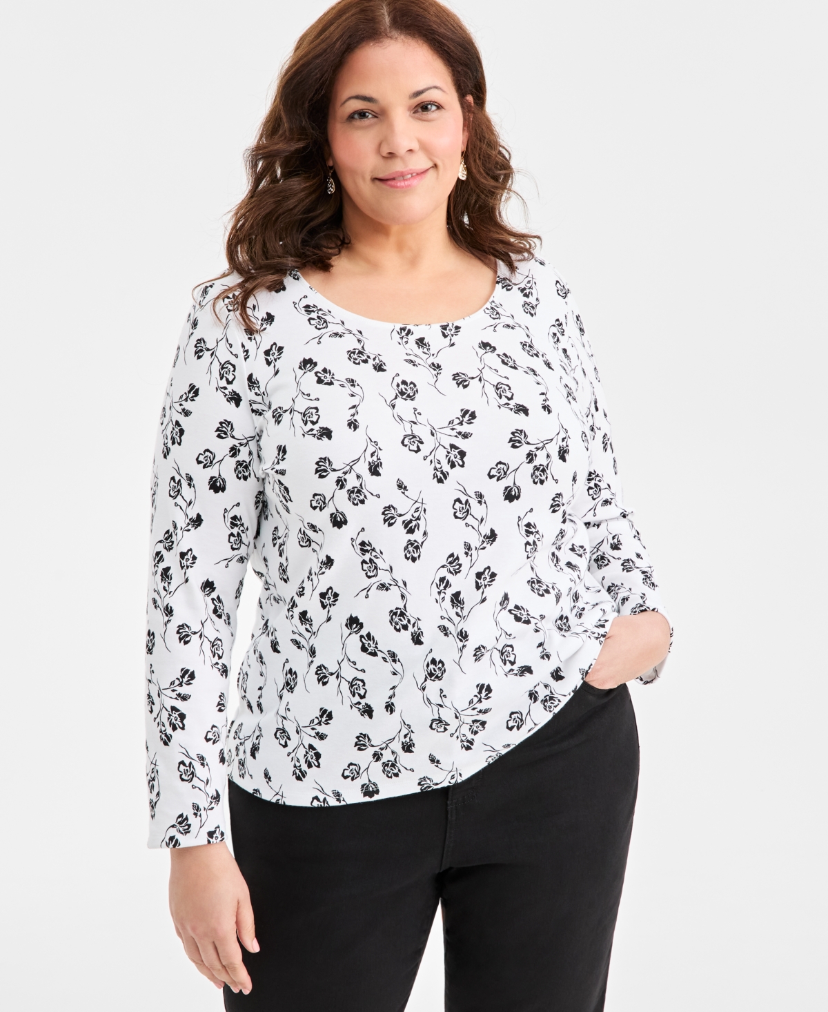 Click here for Style & Co Plus Size Scoop-Neck Long-Sleeve Knit T... prices