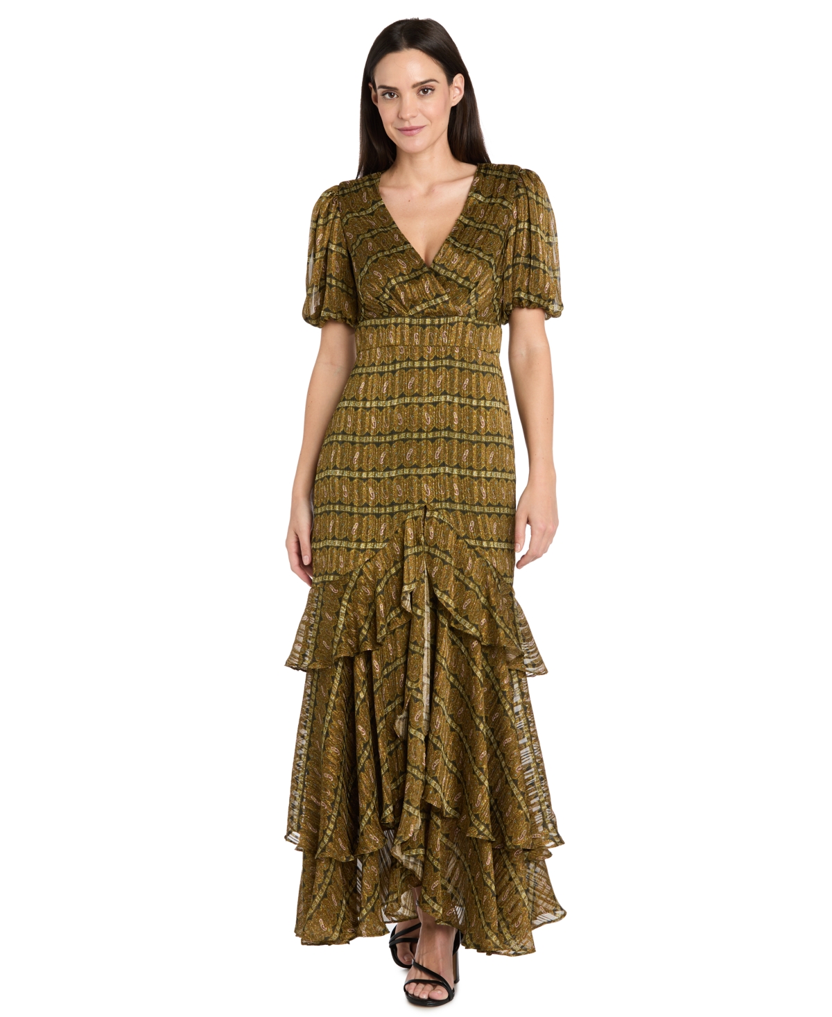 Click here for R & M Richards Womens Satin Metallic Stripe Puff-S... prices