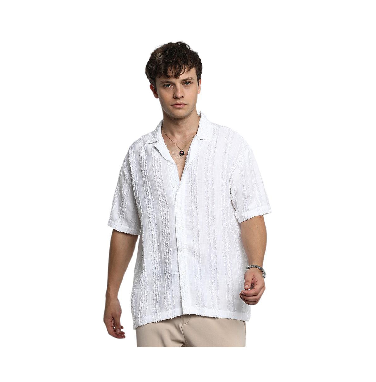 Click here for Campus Sutra Mens Chalk White Unhemmed Striped Ove... prices