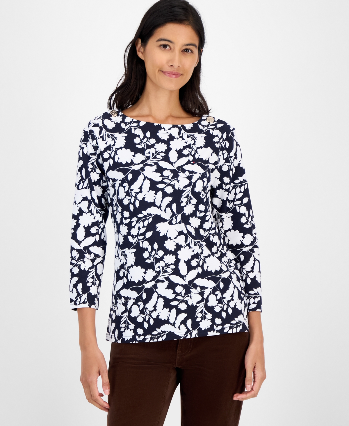 Tommy Hilfiger Womens Button-Trim 3/4-Sleeve Top - Sky Captain/ Ivory