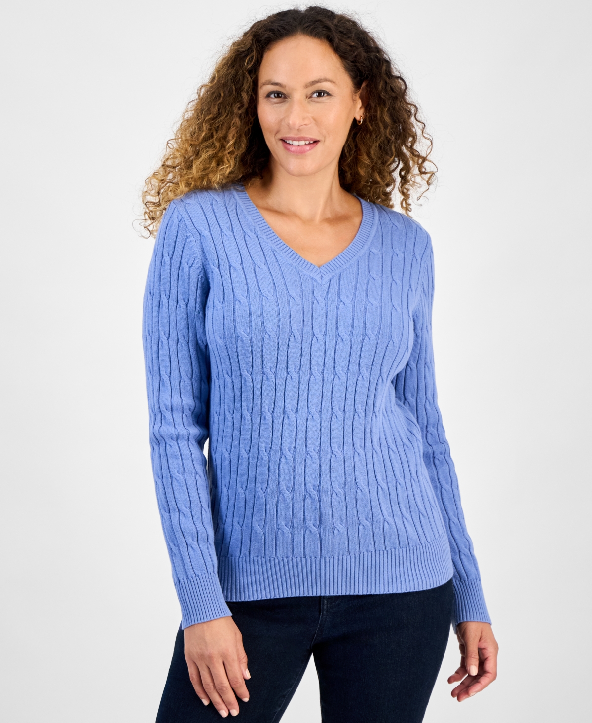 Click here for Style & Co Petite Cotton Cable-Knit V-Neck Sweater... prices