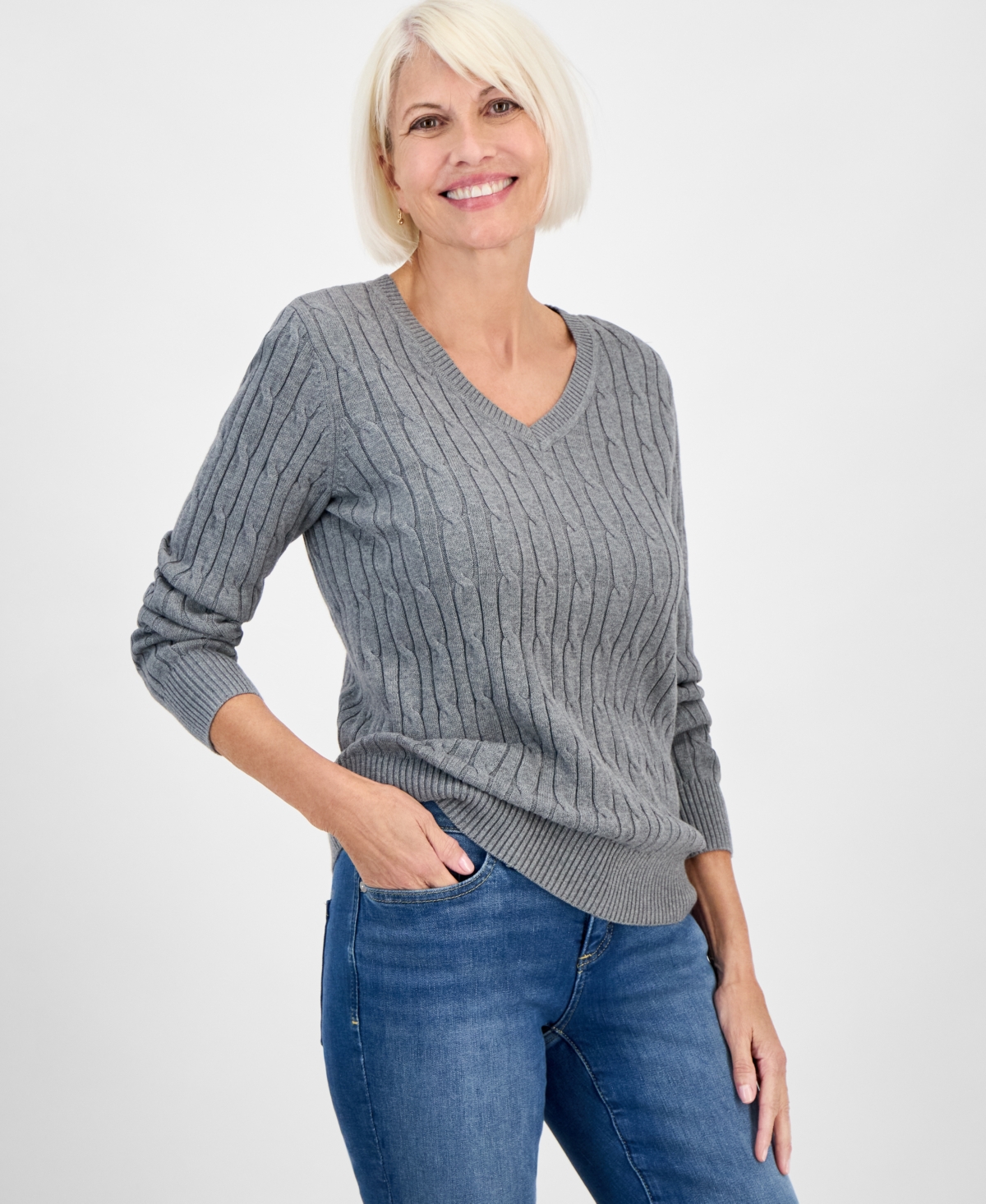 Click here for Style & Co Petite Cotton Cable-Knit V-Neck Sweater... prices