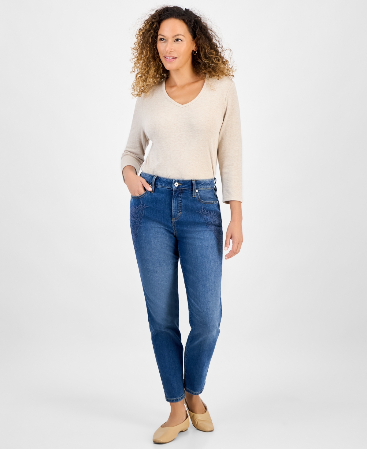 Click here for Style & Co Petite Floral Applique High-Rise Straig... prices