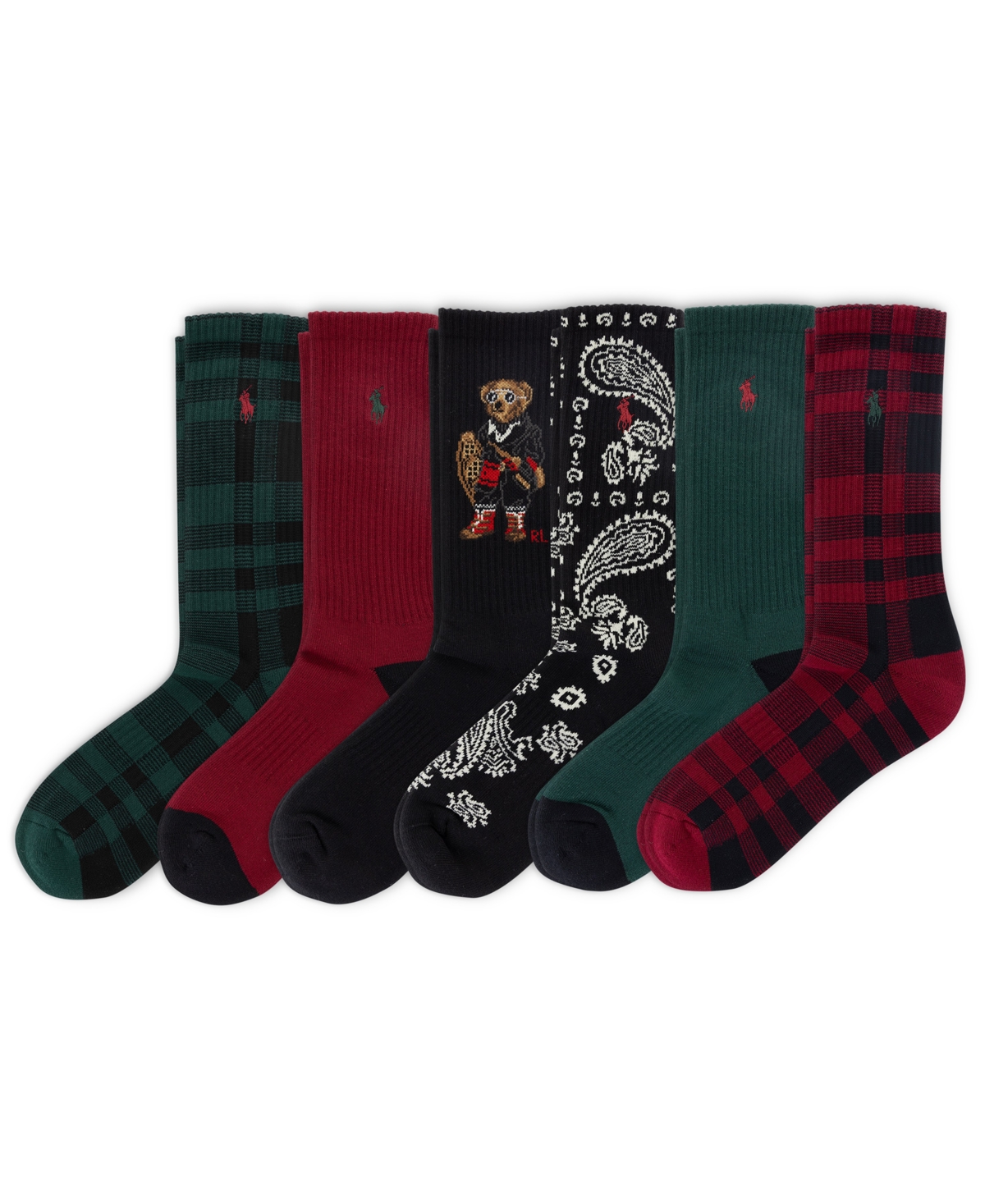 Polo Ralph Lauren Mens 6-Pack Holiday Bear Crew Socks - Bast