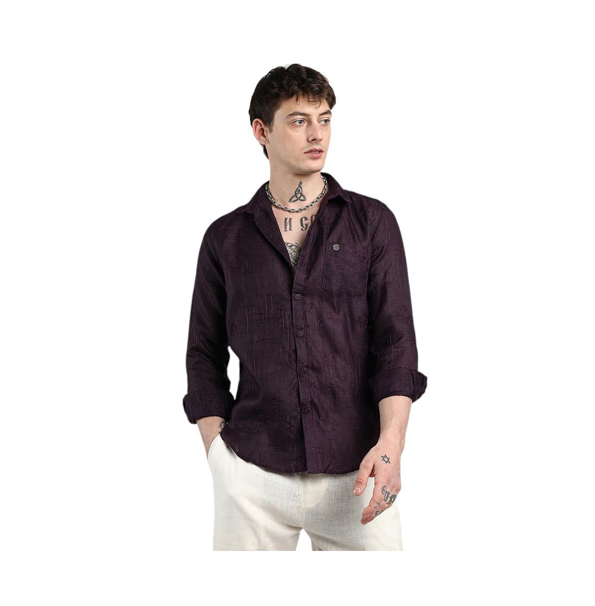 Click here for Campus Sutra Mens Plum Purple Embroidered One-Line... prices