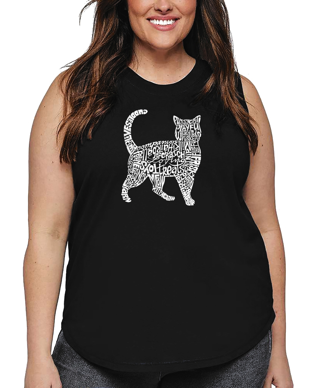 Click here for La Pop Art Plus Size Cat Word Art Tank Top - Black prices