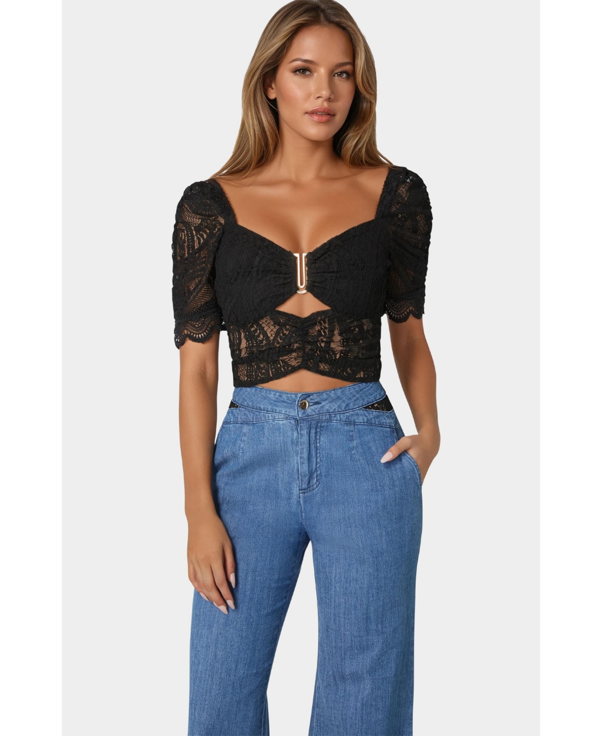 Click here for Bebe Womens Puff Sleeve Lace Top - Black prices