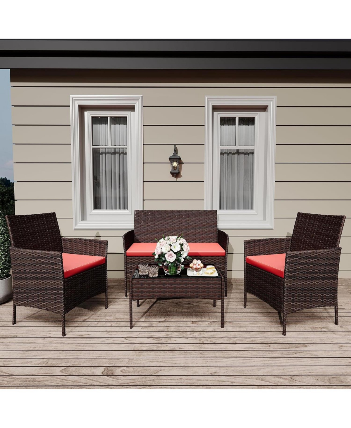 Click here for Gaomon 4 Pieces Brown/Red Rattan Outdoor Patio Fur... prices