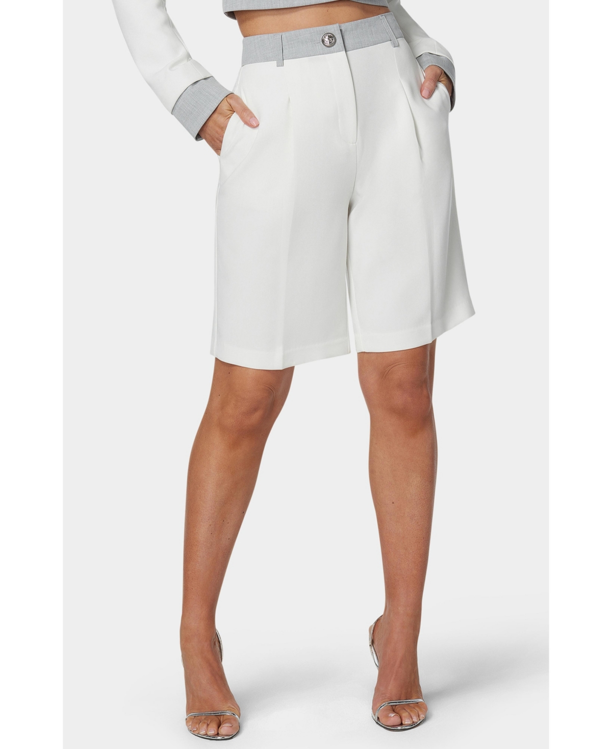 Click here for Bebe Tailored Bermuda Shorts - White alyssum / gre... prices