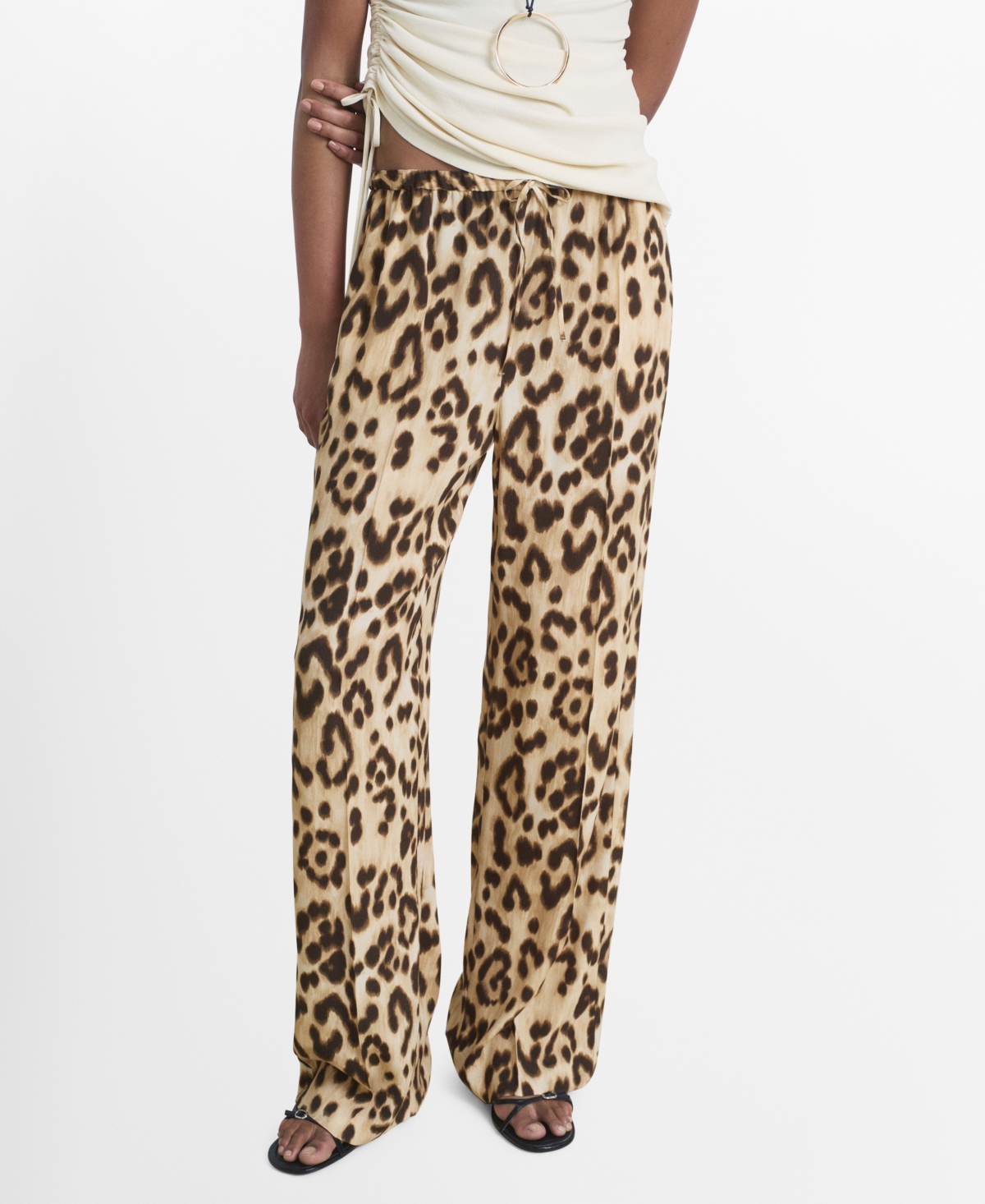 Click here for Mango Womens Fluid Animal- Print Pants - Beige prices