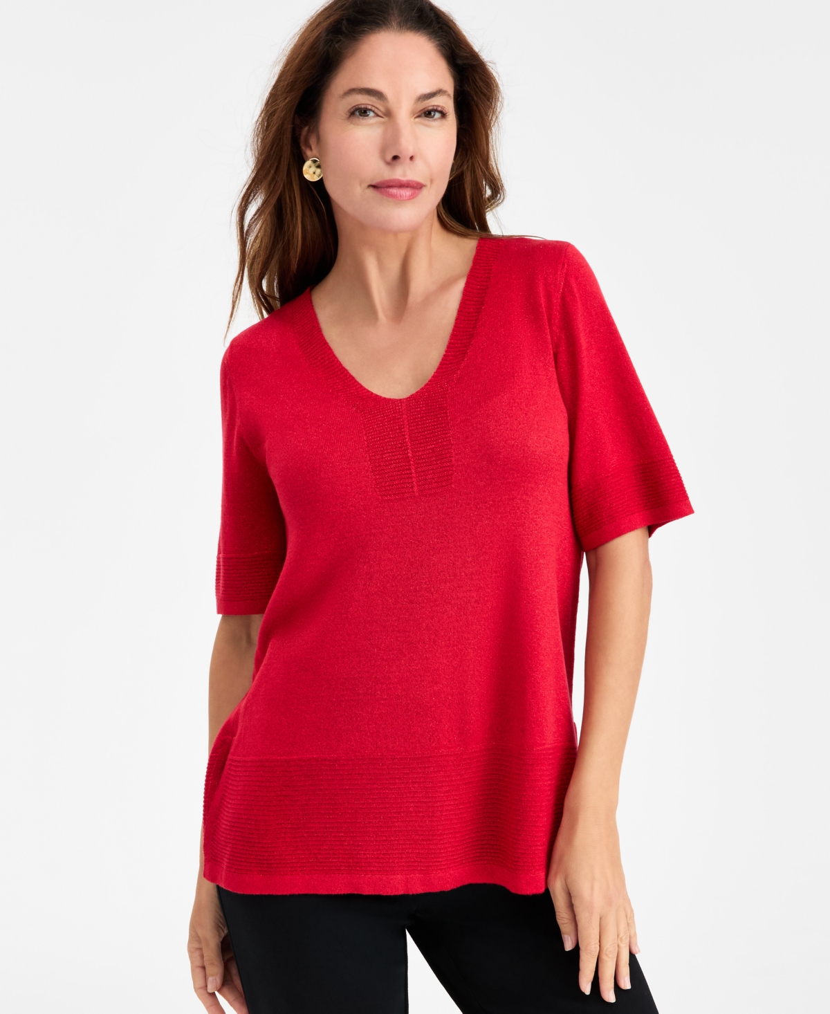 Click here for Jm Collection Womens V-Neck Short-Sleeve Lurex Shi... prices