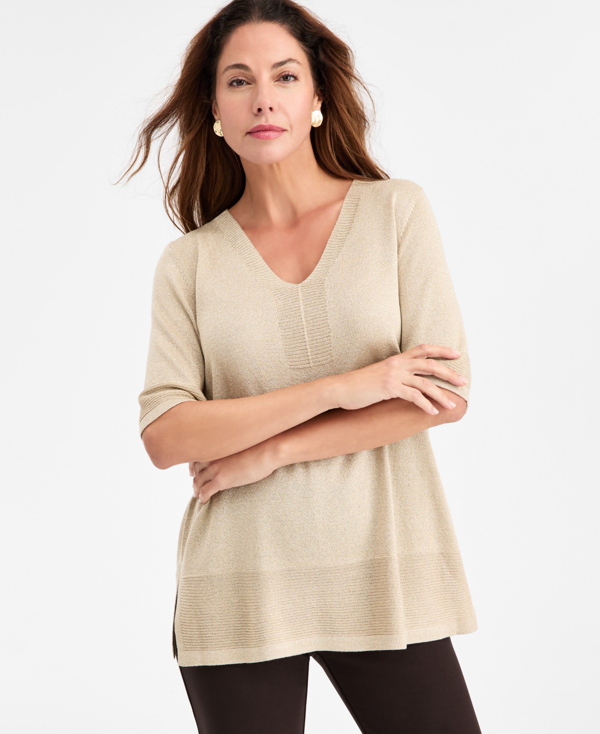 Jm Collection Womens V-Neck Short-Sleeve Lurex Shine Sweater  Exclusively at Macys - Champagne Lurex