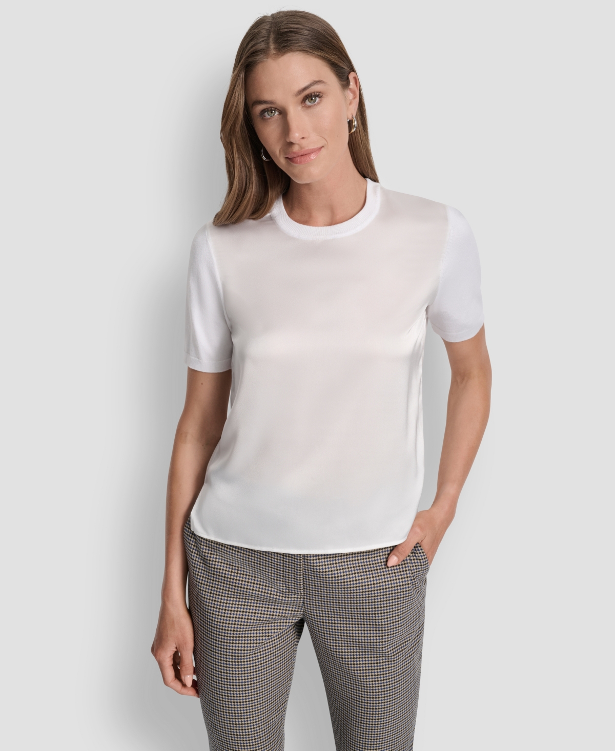 Click here for Dkny Petite Mixed Media Short Sleeve Top - Ivory prices