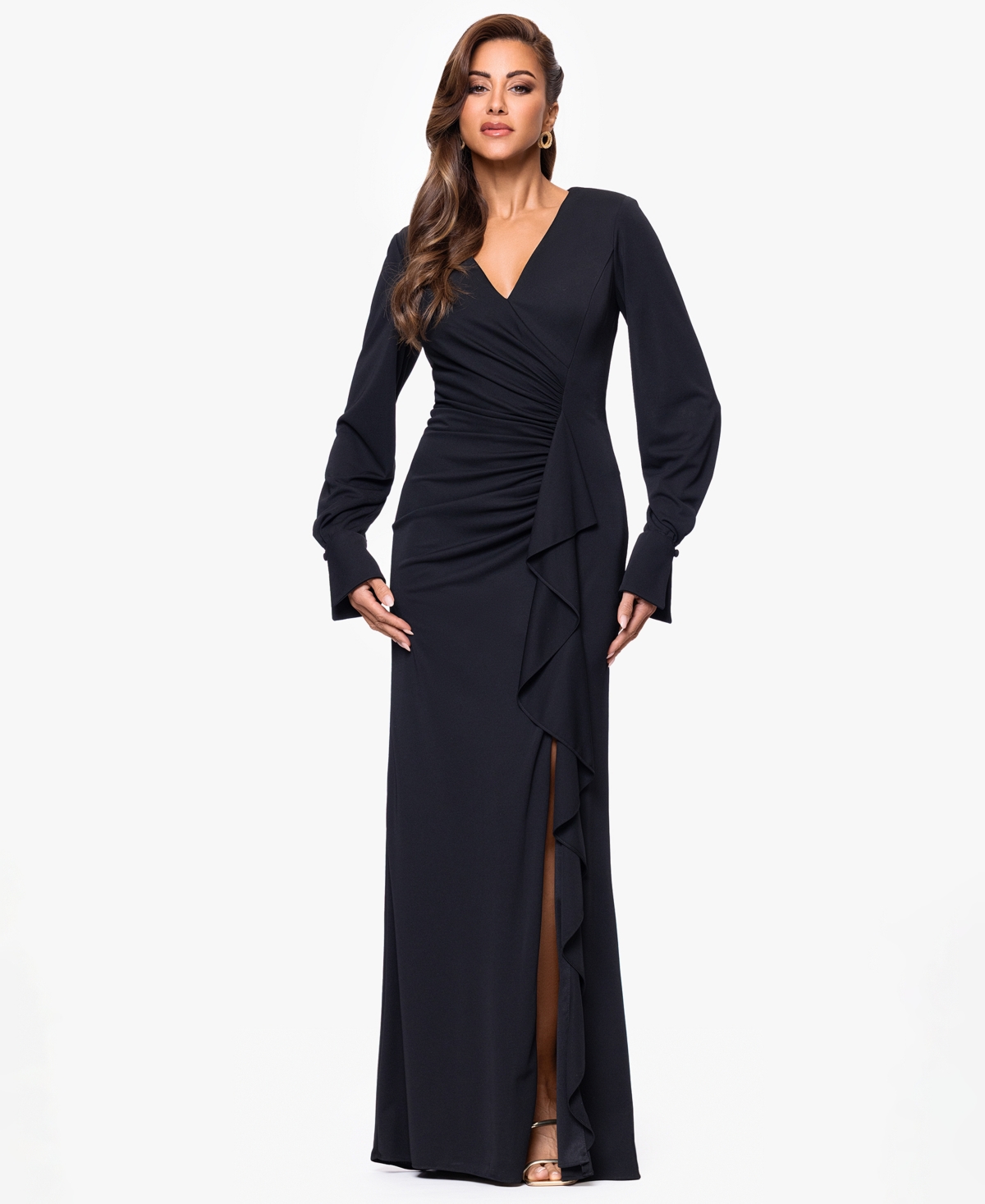 Xscape Womens Long Sleeve Side Slit Jersey Dress - Black