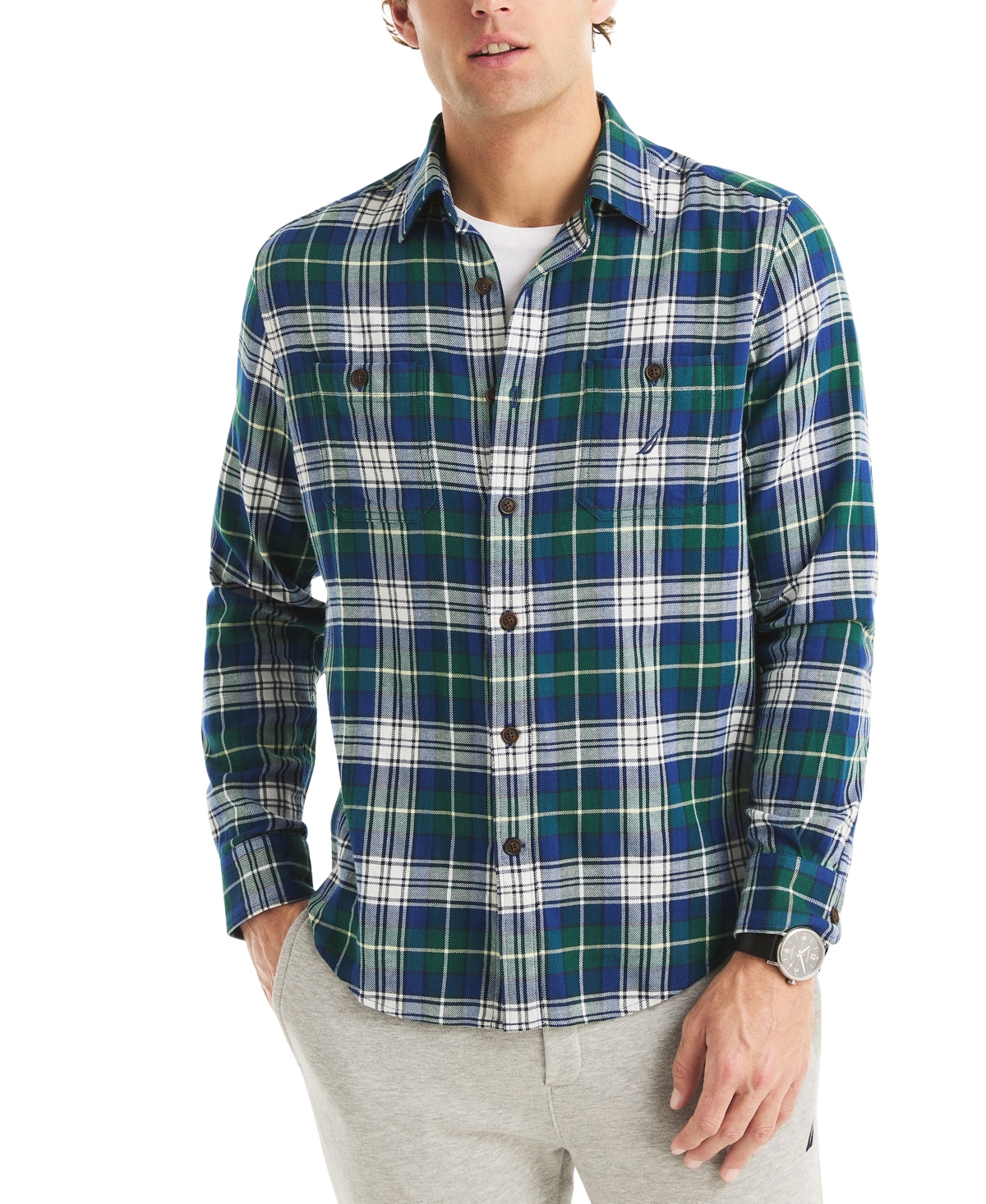 Click here for Nautica Mens Straight Collar Plaid Shirt - Navy Se... prices